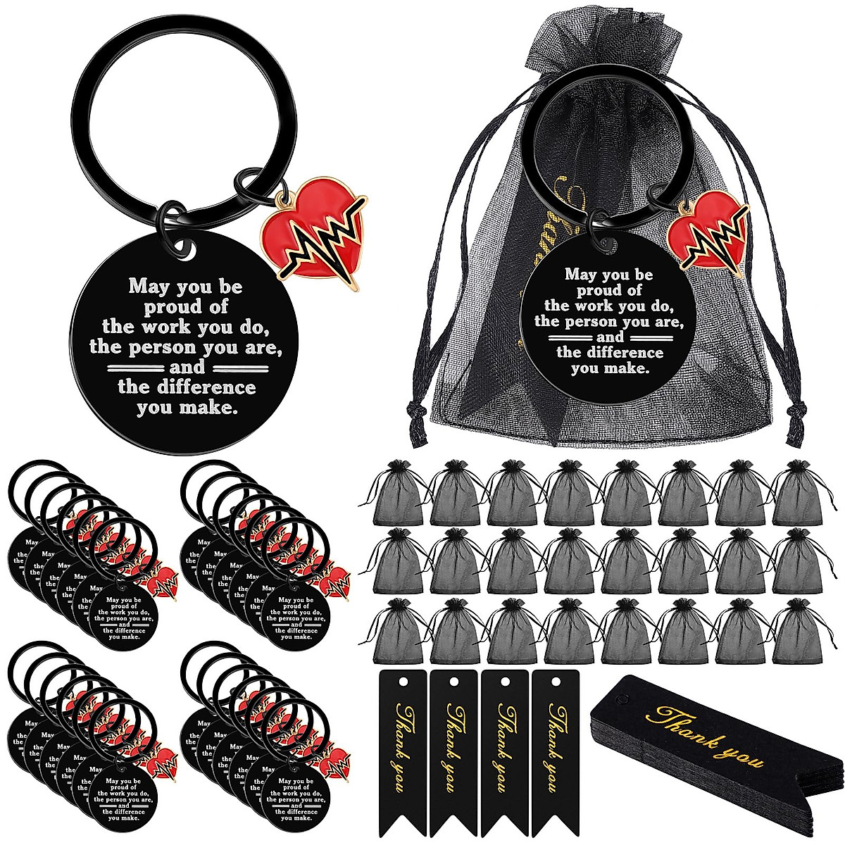 Sureio 72 Pcs Nurse Gift Include 24 Nurse Keychain with 24 Tassel Organza Bag and 24 Tag Thank You Gifts for Party(Black,Classic Style)