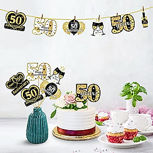 24pcs Happy 50th Anniversary Decorations Table Centerpiece Sticks, Black Gold 50 Year Wedding Anniversary Tables Topper Party Supplies, Fifty Anniversary Sign Decor