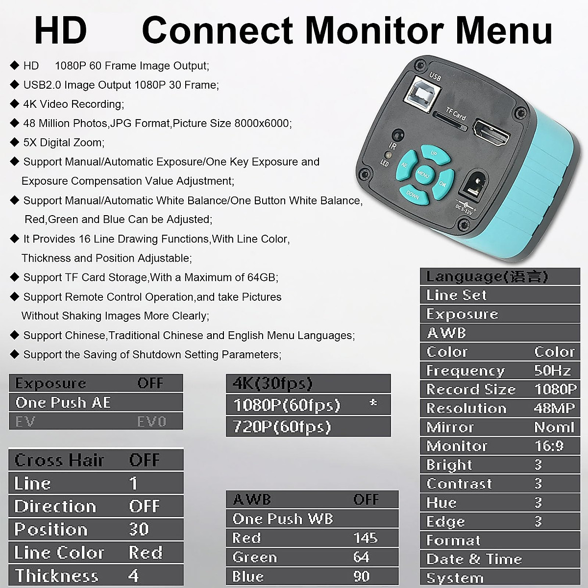 Microscope Camera, 4K Video Industrial Microscope Camera 130X 1080P Portable 100‑240VAC for Home (US Plug)