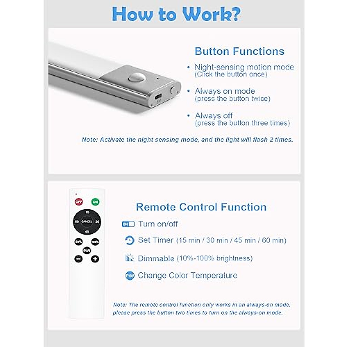 Kasanfe 64-LED Under Cabinet Lights, Motion Sensor Under Cabinet Lighting, 1500mAh Rechargeable LED Closet Light Remote, Under Counter Lights for Kitchen, Shelf, Pantry (3 Pack)