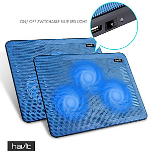 Havit HV-F2056 15.6-17 Inch Laptop Cooler Cooling Pad - Slim Portable USB Powered (3 Fans) (Blue)