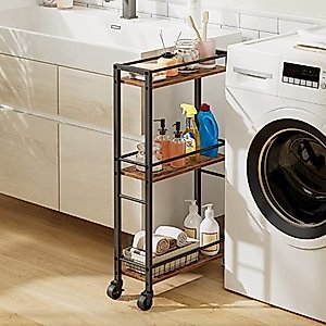 MAHANCRIS 3-Tier Slim Rolling Cart, Narrow Kitchen Cart on Wheels, Practical Storage Rolling Cart, Wooden Kitchen Storage Rack, for Tight Spaces in Dining Room, Bathroom, Rustic Brown RCHR1501Z