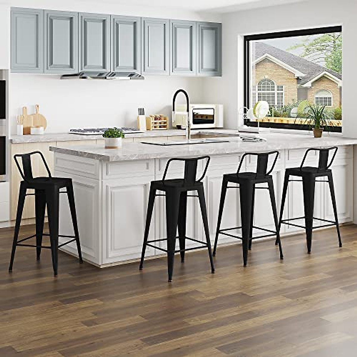 Tongli Metal Bar Stools Set of 4 Barstools Counter Height Bar Stools with Back Industrial Bar Stool Indoor Counter Stool Kitchen Island Stools Modern Bar Chair 26inch Matte Black