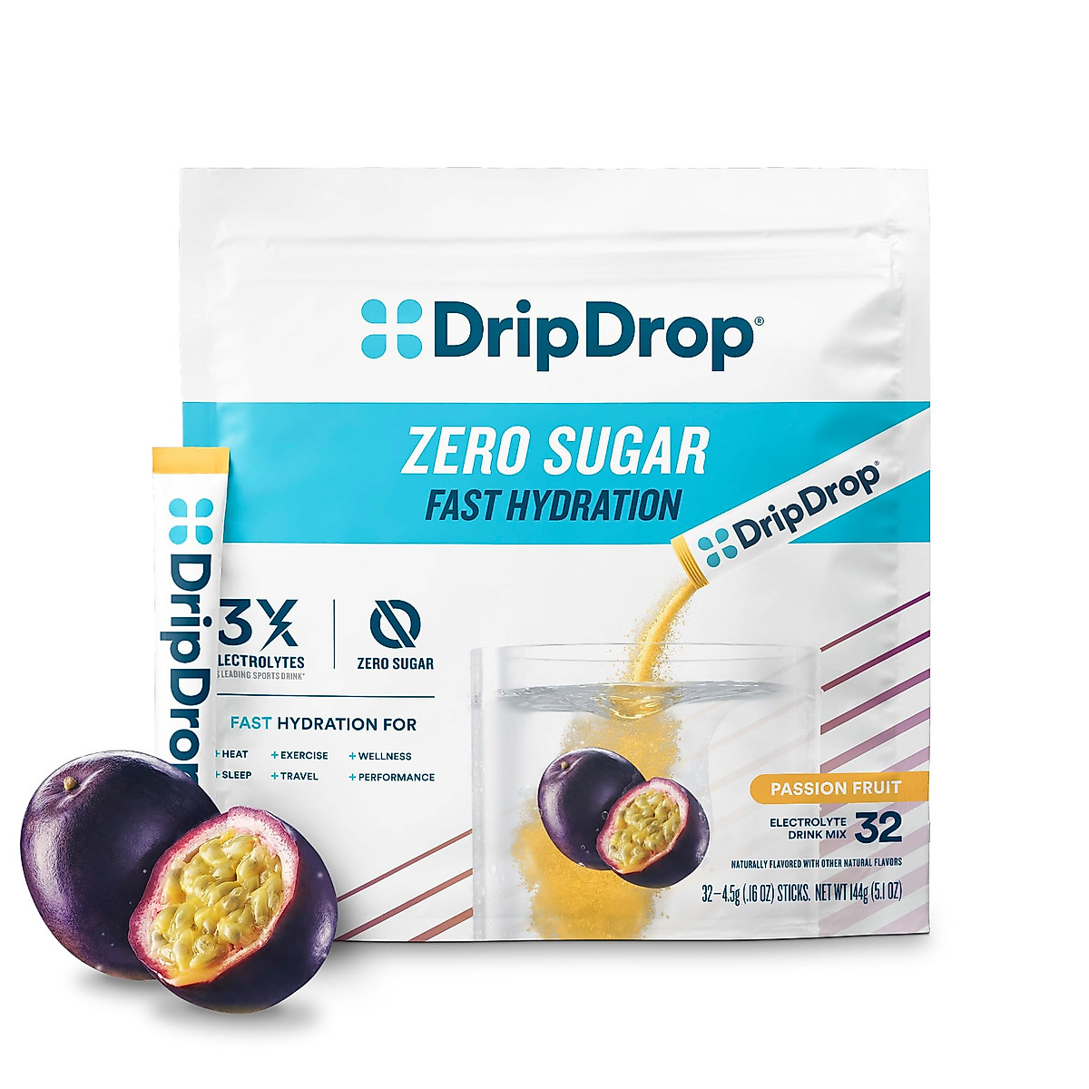 DripDrop Hydration - Zero Sugar Passion Fruit - Electrolyte Drink Mix Single Serve Powder Packets | Non-GMO, Gluten Free, Vegan | 32 Sticks