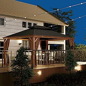 HAPPATIO 12' x 16' Hardtop Gazebo, Outdoor Wood Grain Frame Aluminum Gazebo, Double Roof Permanent Patio Gazebo Canopy with Netting and Curtains for Garden, Patio, Lawns, Parties (Beige)