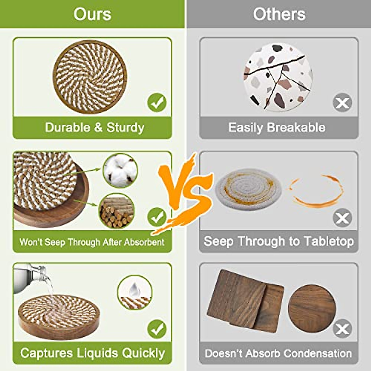 Eykao 5 Pack Coasters for Drinks Absorbent, 4.3 inches Woven Coasters for Coffee Tables, Wooden Drink Coasters for Table Protection, Reusable Drink Coasters for Kitchen, Farmhouse, Bar, Office, Brown