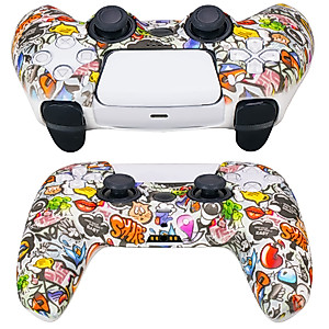 YoRHa Water Transfer Printing Silicone Thickened Cover Skin Case for PS5 Controller x 1(Lovely Graffiti) with Thumb Grips x 10