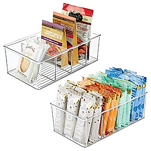 mDesign Plastic Divided Bin Storage Containers - Perfect for Fridge, Cabinet, Pantry, and Home Organization - Clear Plastic Organizer Bins - Refrigerator Organizers - Ligne Collection - 2 Pack, Clear