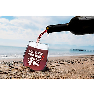 Funnwear I Just Want to Drink Wine And Pet My Dog - 15oz Funny Stemless Crystal Wine Glass Dog Mom - Pet Lover Rescue Mama