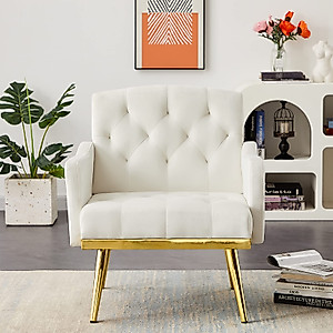 Antetek Upholstered Velvet Accent Chair, Modern Armchair Single Sofa Arm Chair with Golden Metal Legs, Tufted Lounge Reading Chair for Living Room, Bedroom, Office, Light Beige