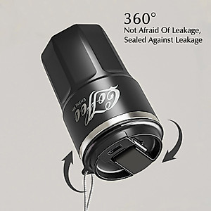 Colawind 16oz Travel Mug, Reusable Coffee Cups with Flip Top Lids, Stainless Steel Coffee Tumbler with Rope, 480ml Black Drink Cup for Iced Tea, Coffee, Water