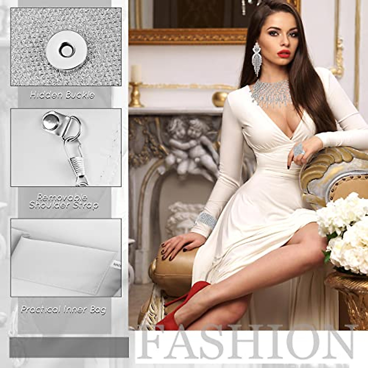 5 Pcs Silver Clutch Purses for Women Evening Rhinestone Jewelry Set Bling Clutch Purse Bag Rhinestone Necklace Ring Bracelet Earring for Women Party Wedding Bride Jewelry (Chain Style)