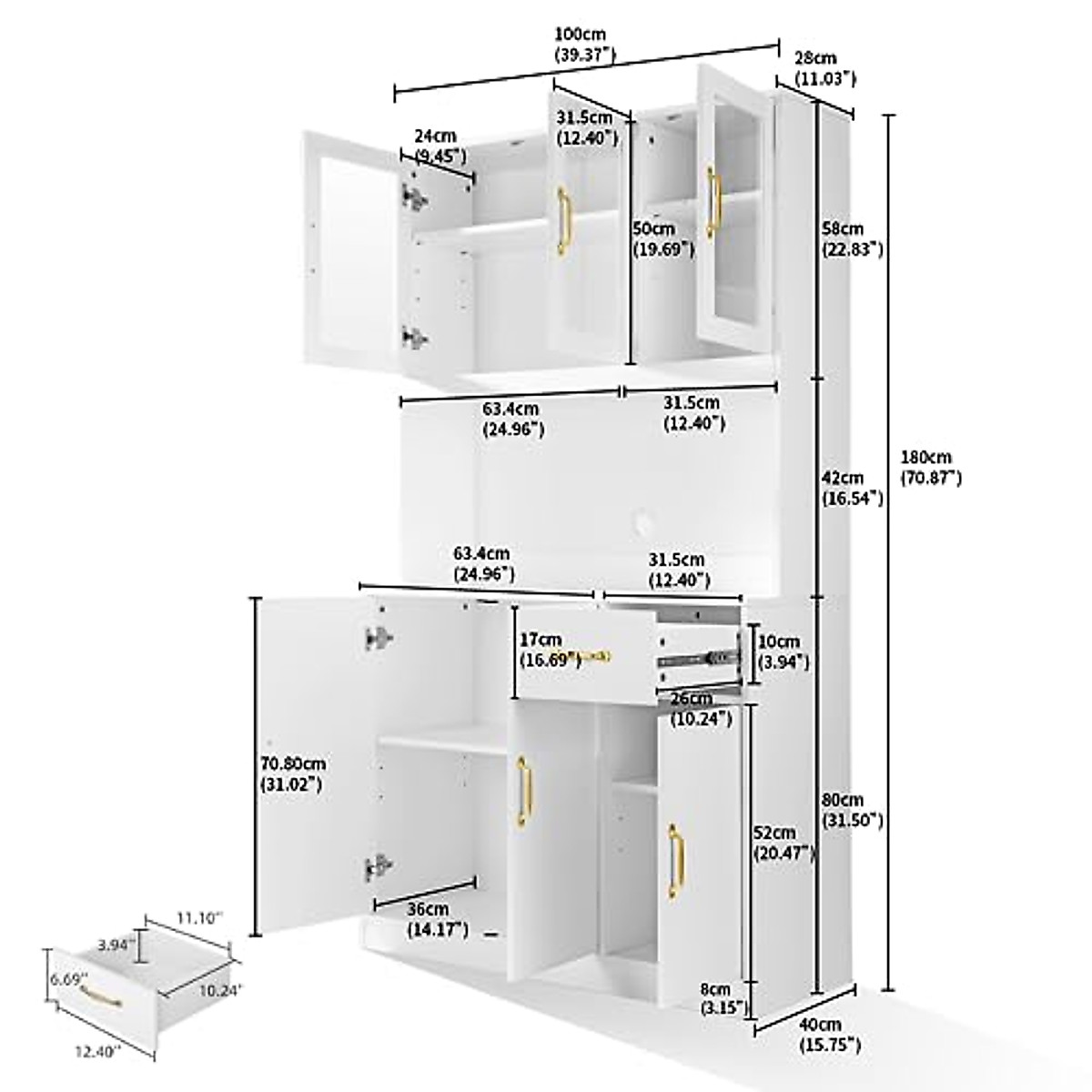VOWNER 71'' Freestanding Pantry Cabinet with Buffet Cupboard, Kitchen Pantry Storage Cabinet with 6 Doors and Drawer, Utility Pantry for Kitchen, Dining Room,White