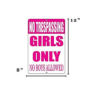 Rogue River Tactical Funny No Trespassing Girls Only Metal Tin Sign, 12x8 Inch, Wall Décor- Bar Daughter No Boys Allowed Bedroom Door (Pink)