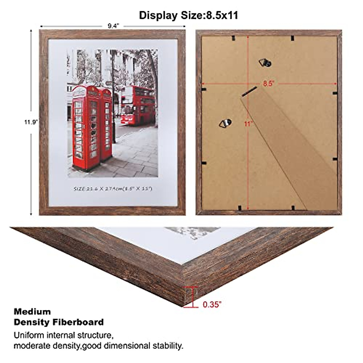 8.5x11 Picture Frame Set of 6, Certificate Document Frame Set with Display Box, Rustic Style Antique Brown Wood Grain Photo Frame Suitable for Desktop Display and Wall Decoration.