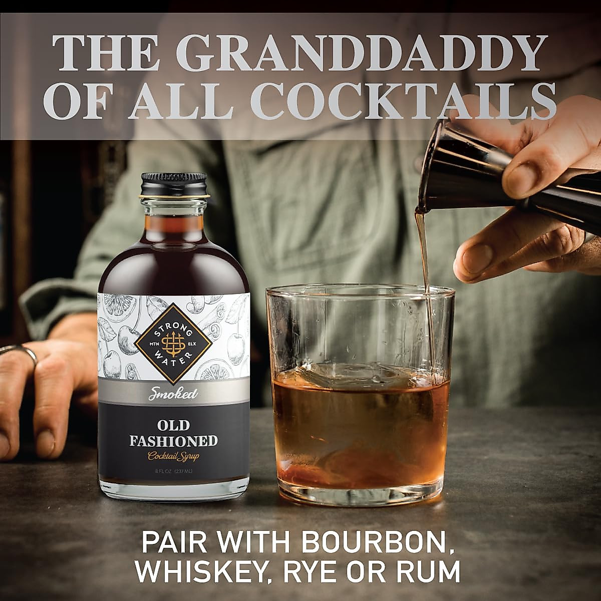 Strongwater Smoked Old Fashioned Craft Cocktail Mixer - Makes 32 Cocktails - Handcrafted Old Fashioned Syrup with Lapsang Souchong Tea, Sugar, Citrus & Cherry - Just Mix with Bourbon or Whiskey