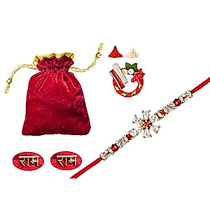 Tarini Gallery Rakhi for Brother Bhaiya Bhai Dooj Raksha Bandhan gift Rakhi Thread Rakhi Bracelet with Greeting card gift pack in pouch/Potli bag (Design 3 with Soan)