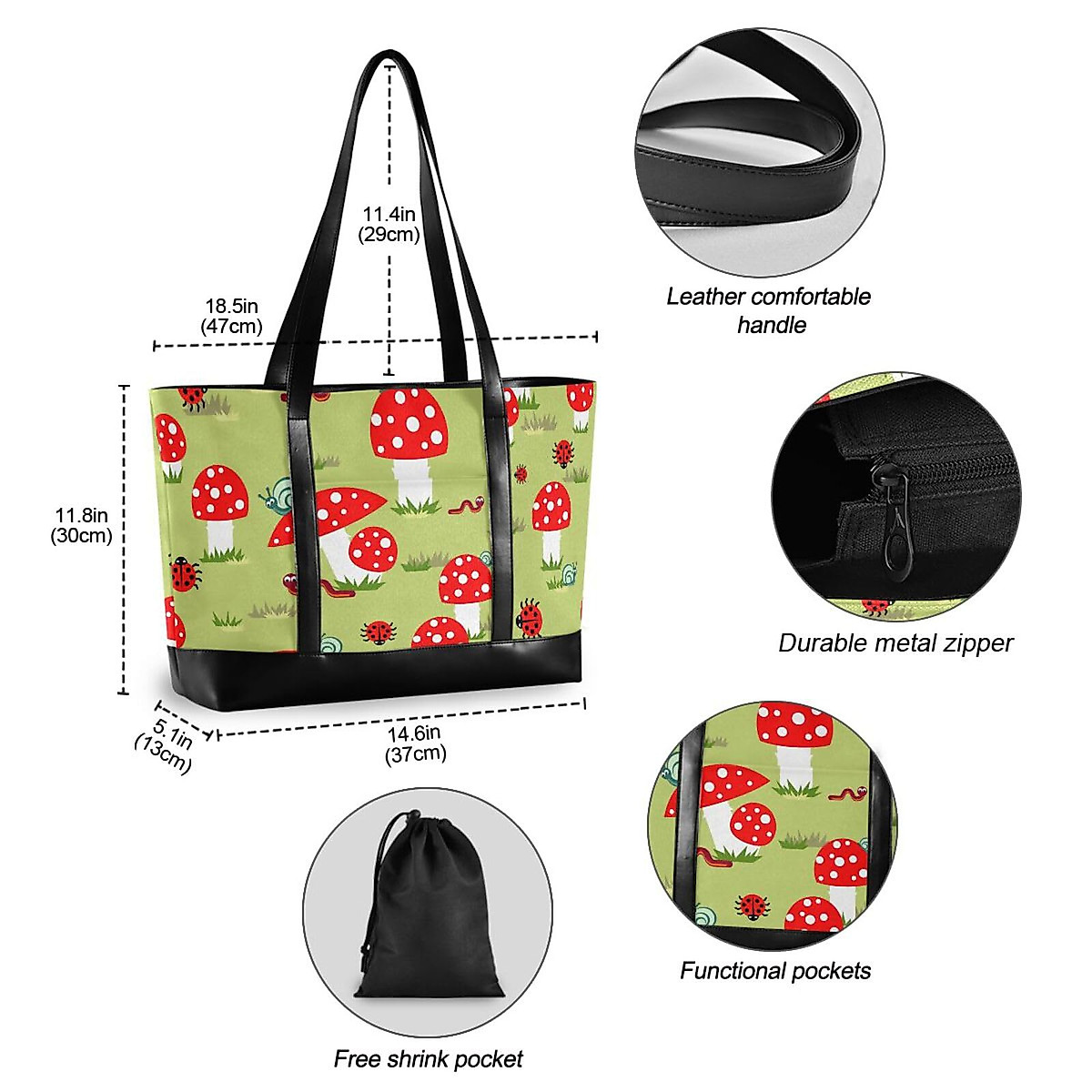 Mushroom Laptop Tote Bag for Women Teacher Canvas Tote Bags Travel Work Bag Handbags Purse with Zipper