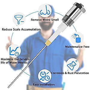 Podoy Powered Anode Rod for Hot Water Heater 30-80 Gallon Water Tank, Universal 9.4" Eliminates Rotten Egg Smell Titanium Electric Anode Rod Replacement with Teflon Tape