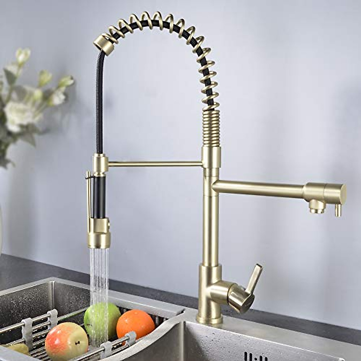 SHAMANDA Commercial Pre-Rinse Kitchen Faucet, High Arc Kitchen Sink Faucet with Pull Down Spring Spout and Pot Filler, Brushed Gold, L40001-3