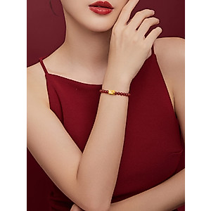 ZHOU LIU FU 24K Solid Gold Bracelets for Women, Real Pure Gold Pixiu Bracelet, Adjustable Red Agate Bead Bracelets with White or Green Nephrite Jade for Men Teen Girls