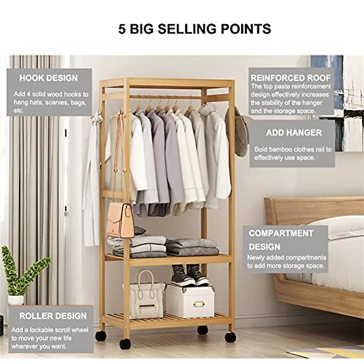 YXDFG Bamboo Garment Coat Clothes Hanging Heavy Duty Rack,Portable Rolling Garment Rack with Wheels, with Top Shelf and Shoe Clothing Storage Organizer Shelves,Dark,59×35×165cm