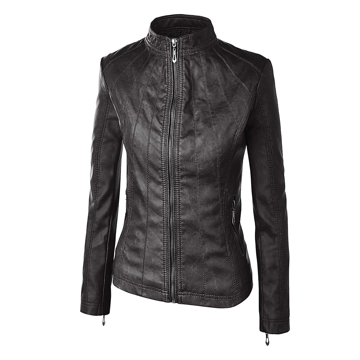 Made By Johnny MBJ WJC877 Womens Panelled Faux Leather Moto Jacket S Black