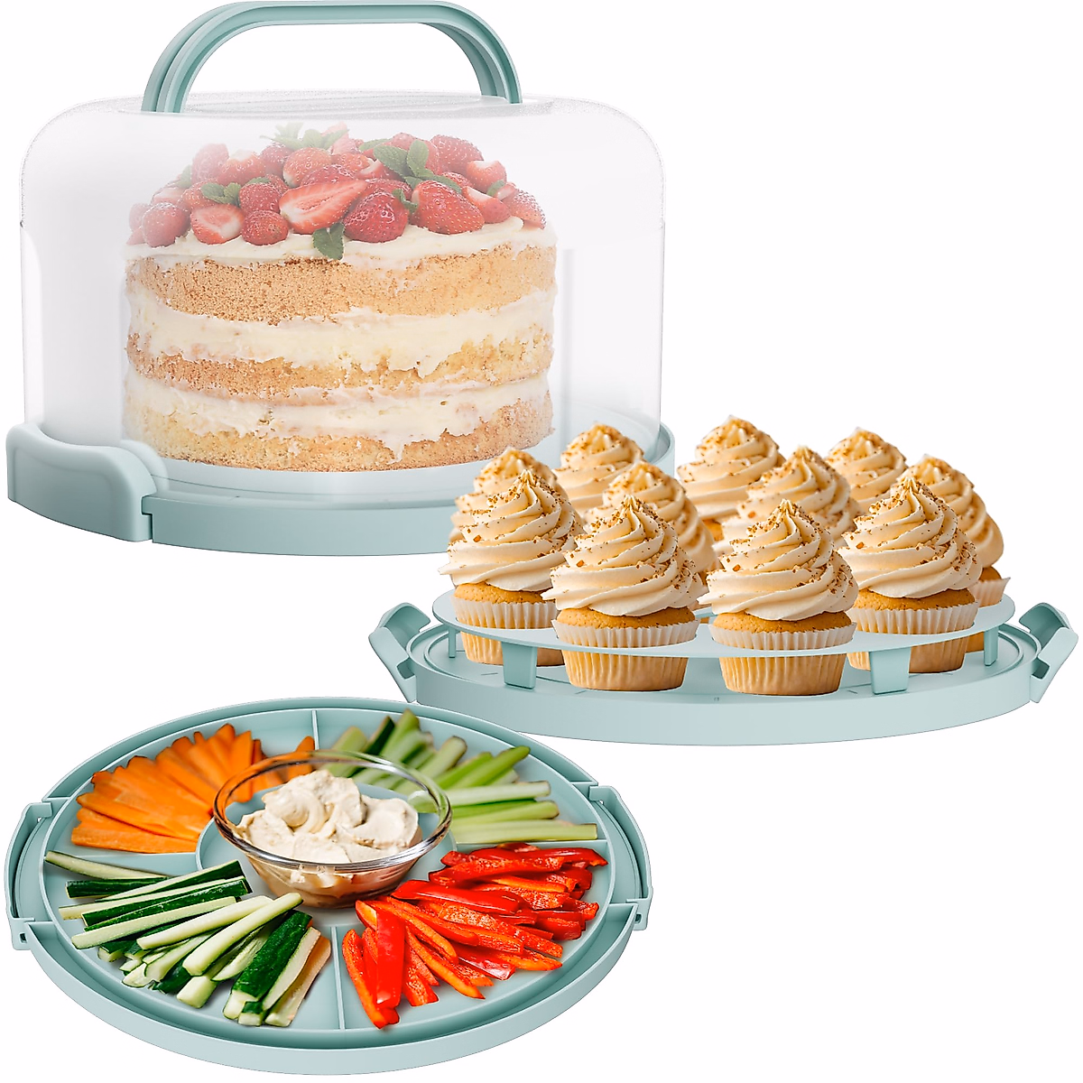 Cake Carrier with Lid and Handle - Multipurpose Cake Stand with Lid for 10” Cake, Pie, Cupcakes - Cake Holder & Lid, Plastic Cake Container, Round Cake Cover for Transport & Storage (Seafoam Green)