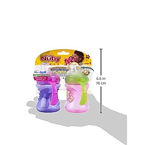 Nuby Plastic 2-Pack Two-Handle No-Spill Super Spout Grip N' Sip Cups, 8 Ounce, Pink and Purple