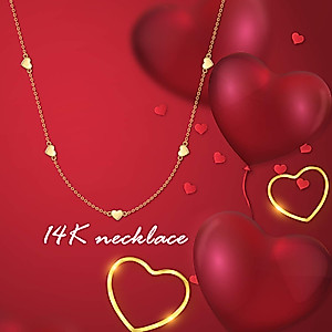 Yafeeso Solid 14K Gold Heart Necklace for Women Heart Station Pendant Necklace Love Heart Jewelry Anniversary Birthday Gifts for Her, 16+2 Inch