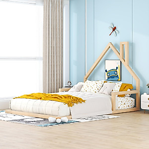 MERITLINE Full Size Floor Bed with House-Shaped Headboard, Full Montessori Floor Bed Wood Frame, No Box Spring Needed, for Kids Teens Girls Boys (Natural)