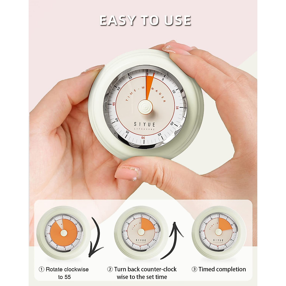 Tiergrade Kitchen Timer, Reminder Timer 360 Degree Rotating Mechanical Timer, Visual Timer Back Countdown Kitchen Timer Fridge Magnetic for Cooking, Learning (Beige)