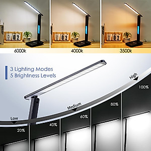 wanjiaone Multifunctional LED Desk Lamp with Wireless Charger,USB Charging Port,Clock,Phone Holder,Desk Lamps for Home Office,Eye-Caring Reading Lamp,Study Lamp for Boys,Girls,Teens,Black