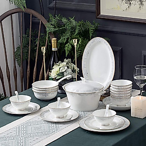 Stylish Dinner Plates,Ceramics Dinnerware Set, Cereals Bowl & Dish & Soup Pot | 58 Pieces Bone China Dinner Sets for Wedding Gifts - Elegant Porcelain Combination Set