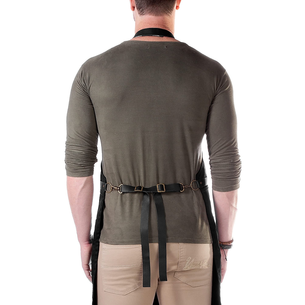 Under NY Sky No-Tie Black Apron with Full Grain Leather Straps – Durable Twill, Split-Leg, Adjustable for Men and Women – Pro Chef, Pastry, Tattoo Artist, Barista, Bartender, Stylist, Server Aprons