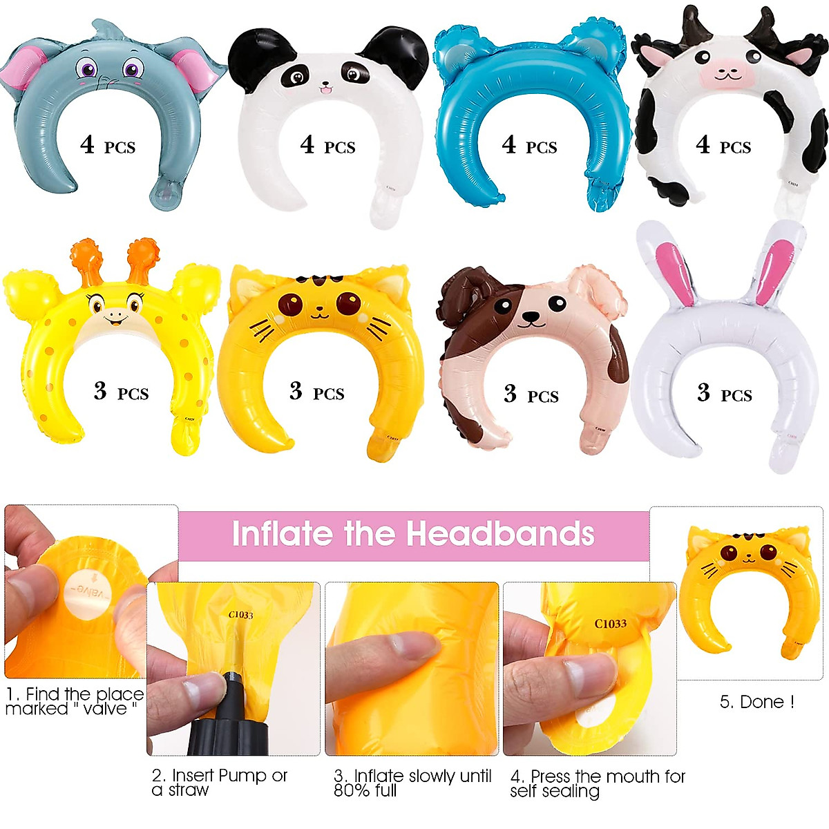 Valentines Day Cards For Kids - 28 Valentine Cards + 28 Inflatable Animal Headbands + 28 Gift Envelopes & Tattoos, Animal Greeting Cards Valentines Exchange Cards for Kids Boys Girls School Classroom