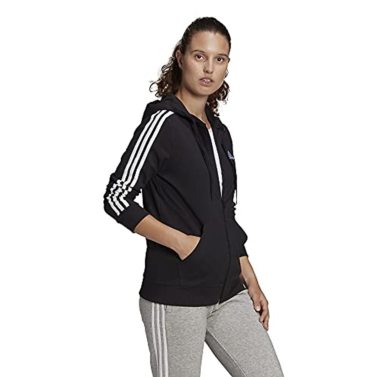 adidas Women's Essentials Single Jersey 3-Stripes Full-Zip Hoodie, Black/White, Medium