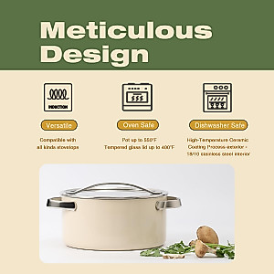 Cyrder Dutch Oven Pot with Lid - Non Toxic, PTFE & PFOA Free - 5-Ply 18/10 Stainless Steel - Oven Safe & Stovetop Agnostic - 5.5 qt 9.5" Cream
