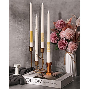 12 Inch White Taper Candles with Gold Leaf, Dripless Tapered Candle Up to 9 Hour+ Burning Time, Unscented and Smokeless Handmade Gift for Events, Dinner, Home Decor, Christmas