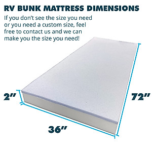 Foamma 2" x 36" x 72" Gel Memory Foam RV Bunk Mattress Replacement, Medium Firm, Pressure Relieving, Cooling Premium Comfort, USA Made, No Cover