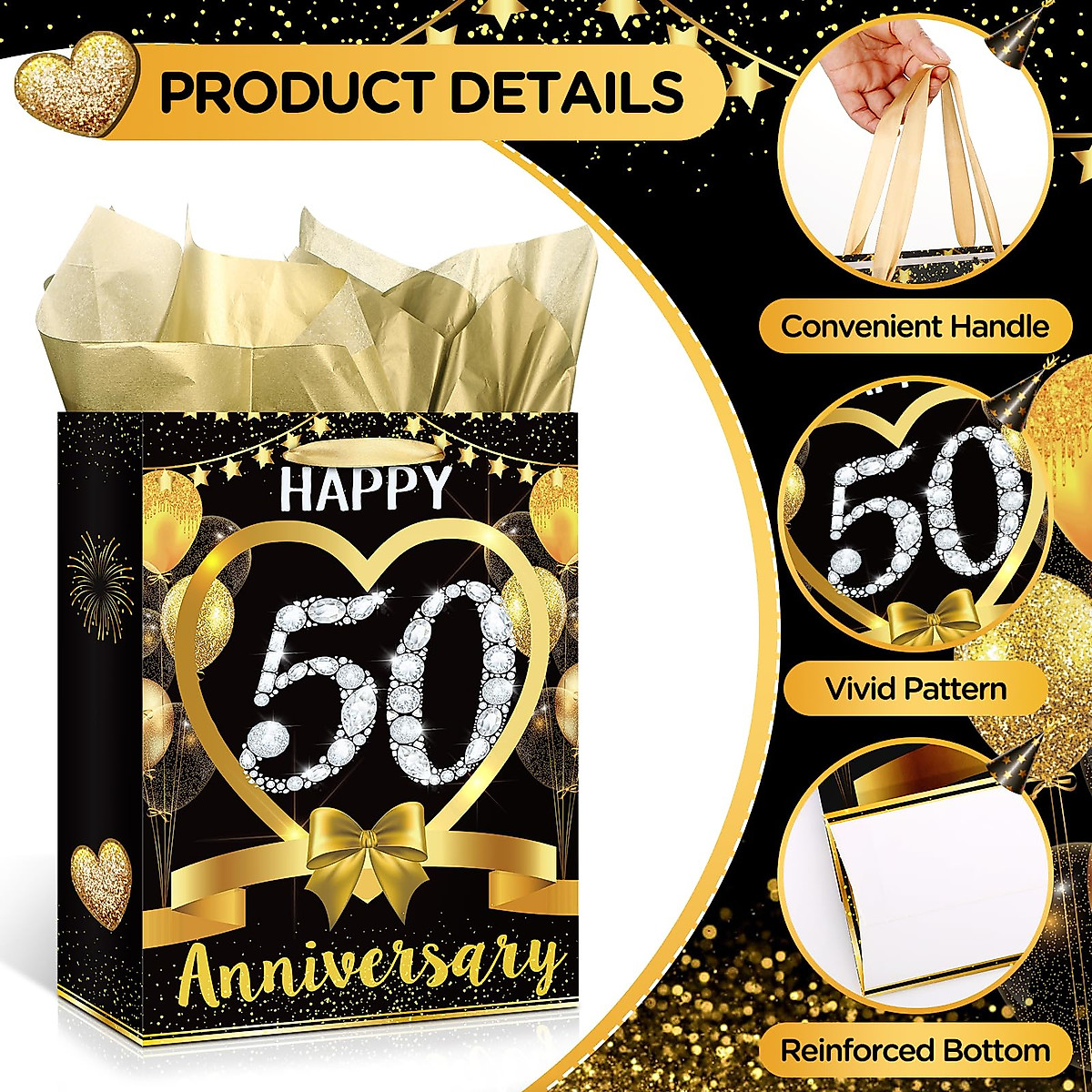 Black Gold Happy 50th Anniversary Paper Gift Bag with Tissue Papers and Card, Gold 50th Anniversary Party Gift Wrapping Bag for 50th Anniversary Golden Wedding Anniversary Decorations Christmas Gift