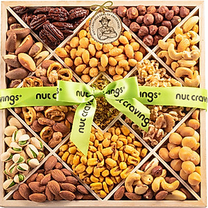 NUT CRAVINGS Gourmet Collection - Purim Mishloach Manot Mixed Nuts Gift Basket in Reusable Diamond Wooden Tray + Green Ribbon (12 Assortments) Arrangement Platter, Healthy Kosher Corporate