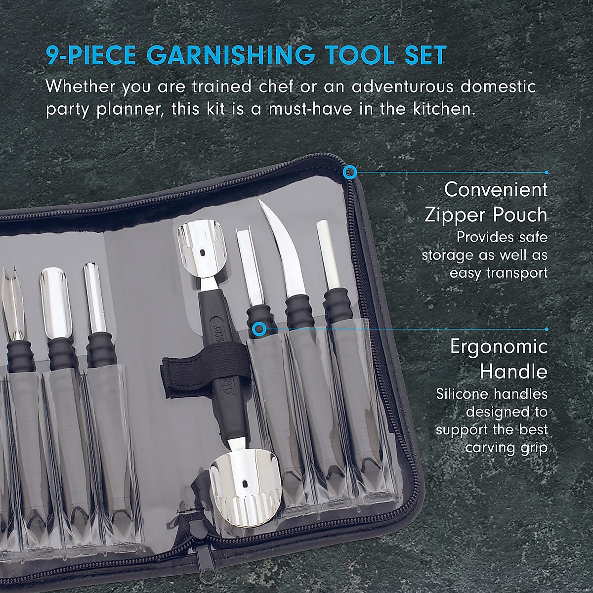Messermeister 9-Piece Garnishing Tool Set - Most-Used Fruit, Vegetable, Garnishing & Decorating Tools - Includes Vinyl Pouch for Storage & Transport