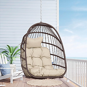 Nicesoul Outdoor Hanging Egg Chair Without Stand, Patio Wicker Swing Egg Basket Chairs with Padded Cushions, Ceiling Tree Swinging Egg-Shaped Chair No Stand for Indoor Bedroom Balcony Porch, Brown