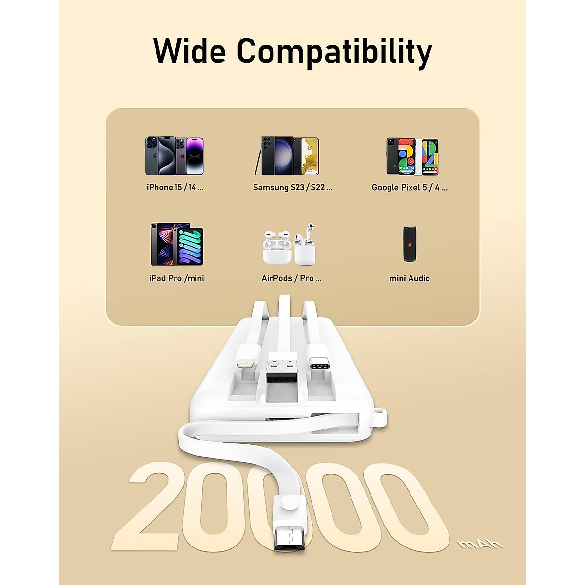 VEEKTOMX Portable Charger Built-in Cables, 20000mAh Power Bank for iPhone, USB C Fast Charge Battery Pack, Travel Essentials Backup Battery Bank, Compatible with iPhone 15/14, Samsung, Andriod, Etc