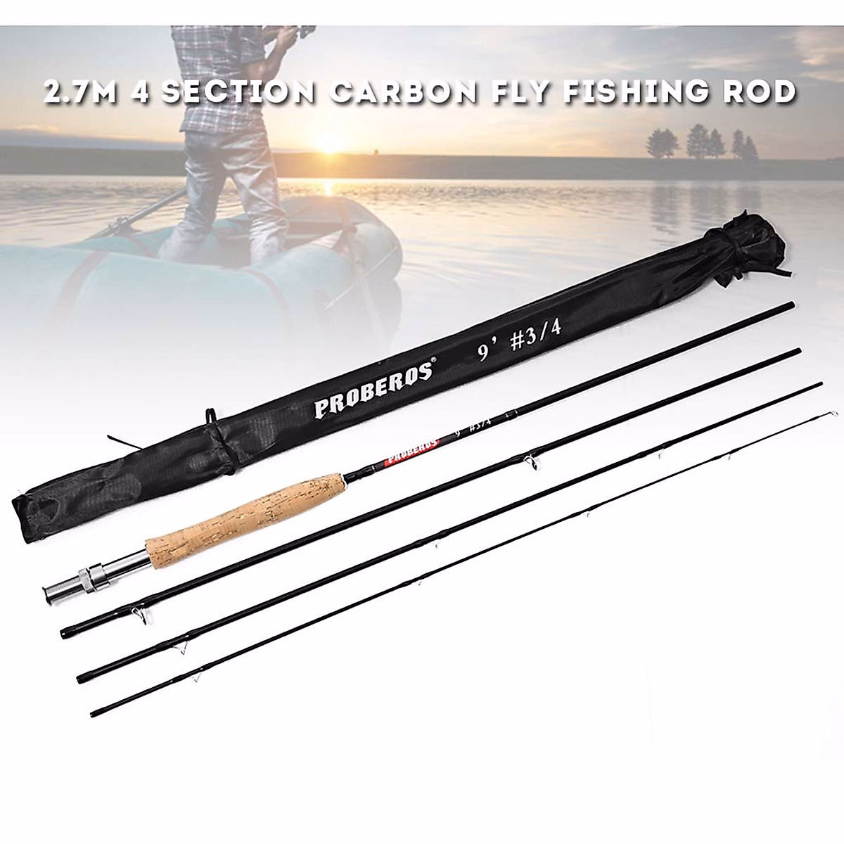 LOVEPET 2.7M 4 Section Carbon Fly Fishing Rod with Soft Cork Handle Fish Tackle 3/4#