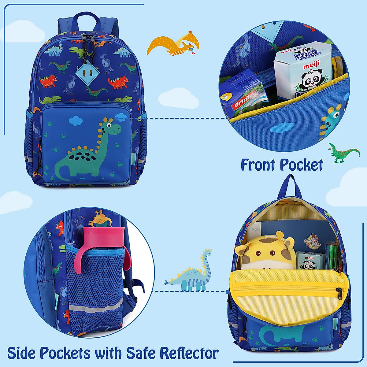 Kids Backpack,VONXURY Cute Lightweight Toddler Preschool Backpack for Little Boys Girls with Chest Buckle,Blue Dinosaur
