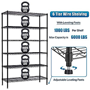 Dkelincs 6 Tier Wire Shelving Unit with Wheels 48" X 18" X 76" Metal Storage Shelves Height Adjustable NSF Heavy Duty Commercial Grade Garage Shelf Rack for Kitchen Basement Restaurant，Black
