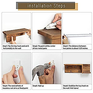 AKKO Wooden Key Holder for Wall Decorative Mail and Key Holder Organizer with 4 Key Hooks and “Z” Shape Wall Mount Floating Shelf ,Rustic Home Decor for Wall, Entryway, Mudroom, Bathroom