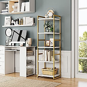 finetones 5 Tier Corner Shelf, Narrow Bookshelf Gold with Metal Frame, Modern Display Storage Organizer for Bedroom Living Room Home Office, White and Gold
